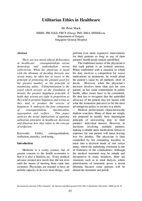 (PDF) Utilitarian Ethics in Healthcare