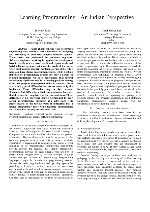 (PDF) Learning Programming : An Indian Perspective