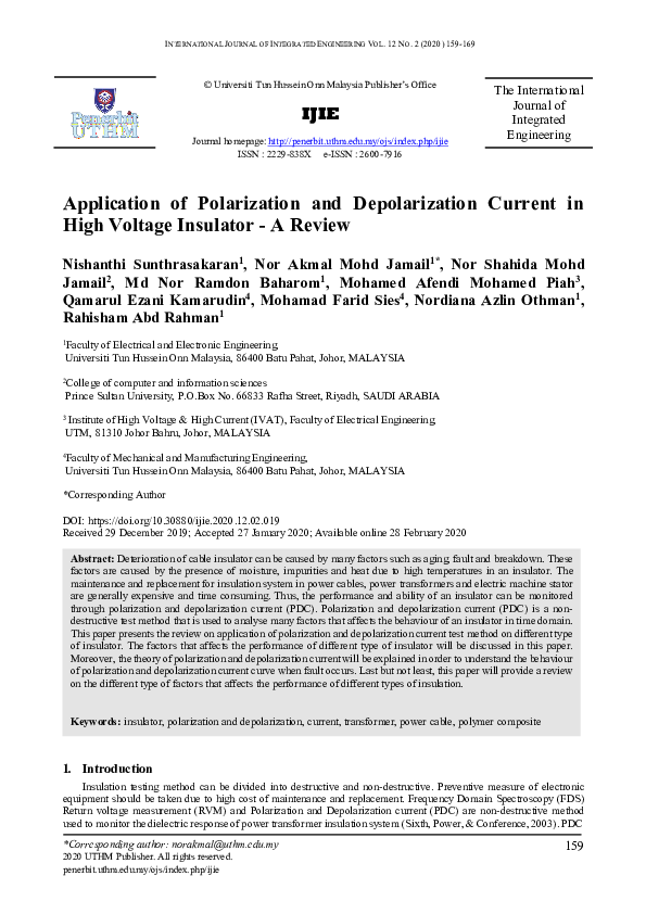 Pdf Application Of Polarization And Depolarization Current In High Voltage Insulator A Review