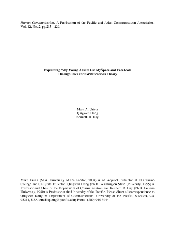 Pdf Explaining Why Young Adults Use Myspace And Facebook Through Uses And Gratifications Theory