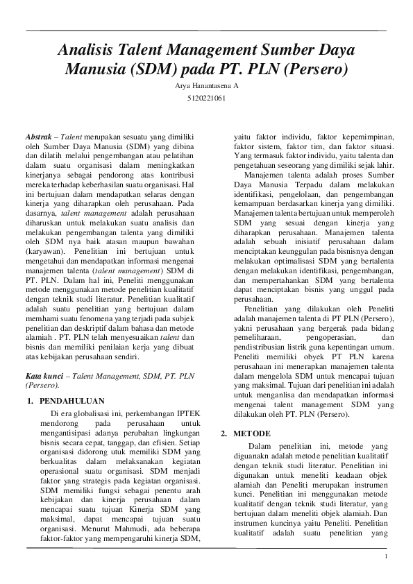 (PDF) Analisis Talent Management Sumber Daya Manusia (SDM) pada PT. PLN (Persero