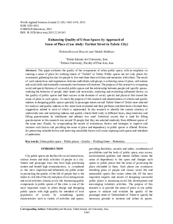 (PDF) Enhancing Quality of Urban Spaces by Approach of Sense of Place (Case study: Tarbiat ...