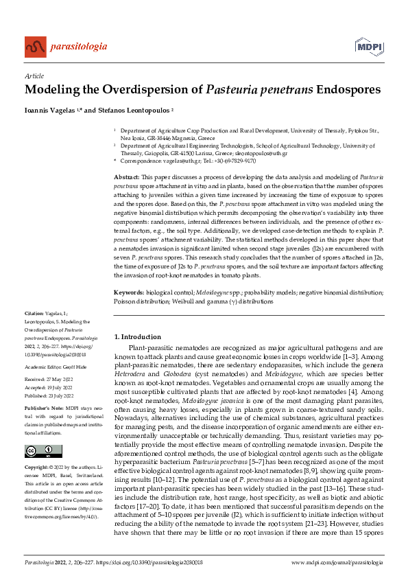 (PDF) Modeling the Overdispersion of Pasteuria penetrans Endospores