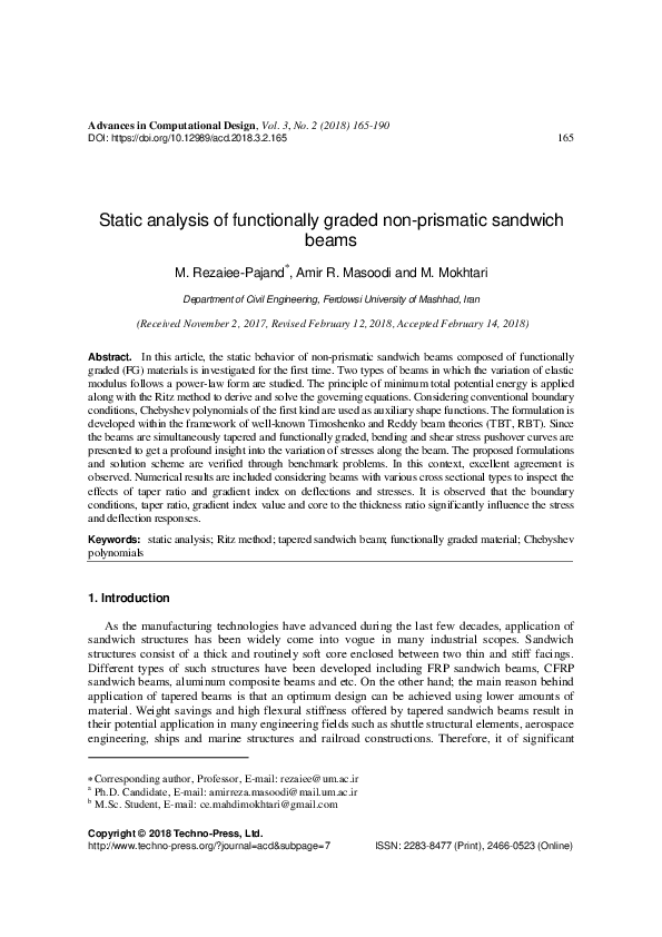 Pdf Static Analysis Of Functionally Graded Non Prismatic Sandwich