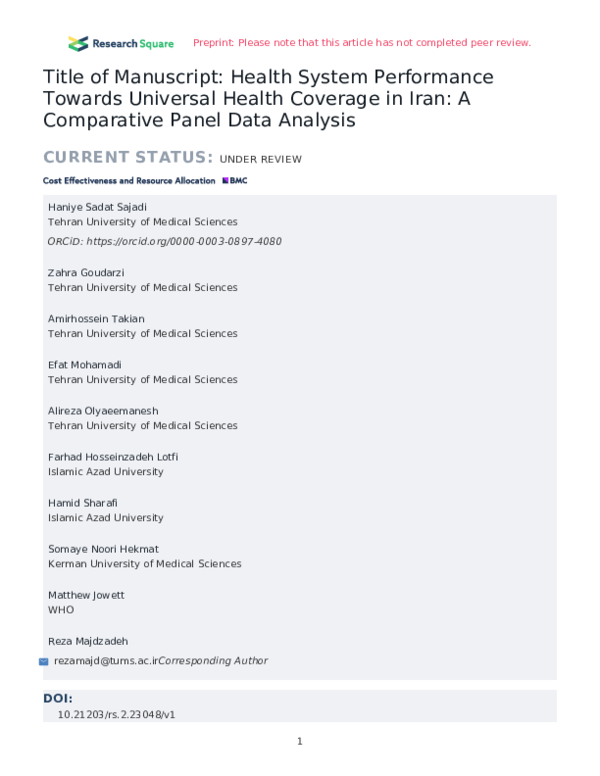 (PDF) Title of Manuscript: Health System Performance Towards Universal Health Coverage in Iran ...