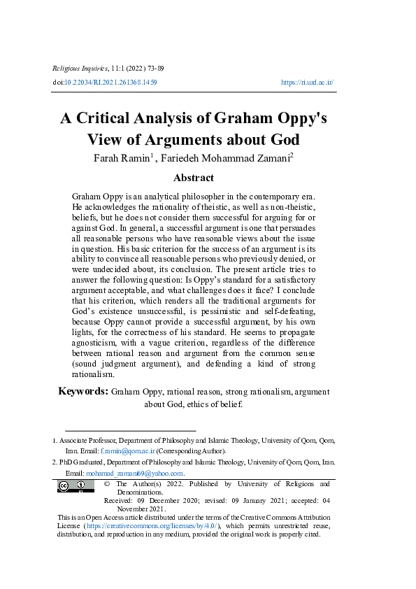 (PDF) A Critical Analysis of Graham Oppy's View of Arguments about God