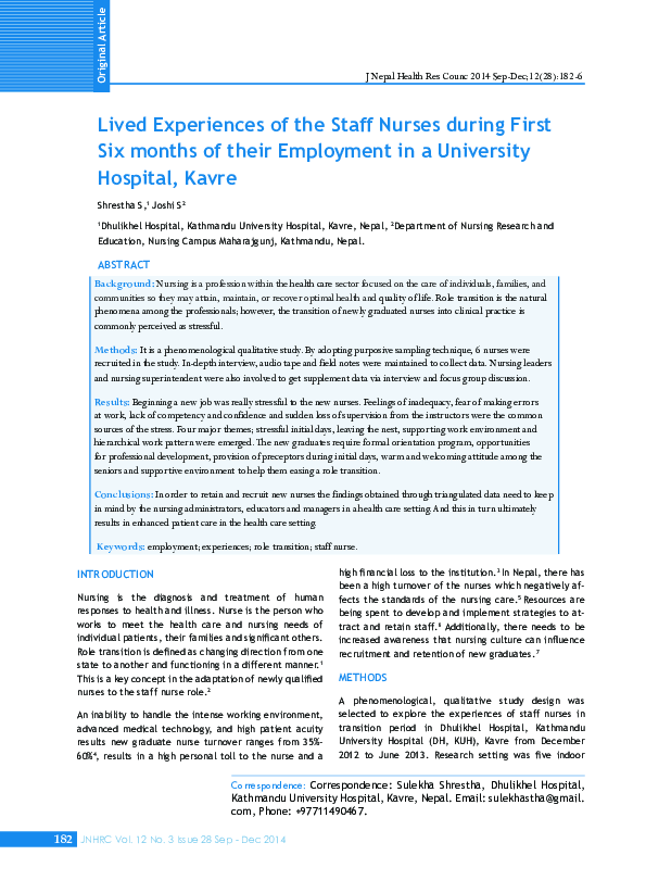 (PDF) Lived Experiences of the Staff Nurses during First Six months of their Employment in a ...