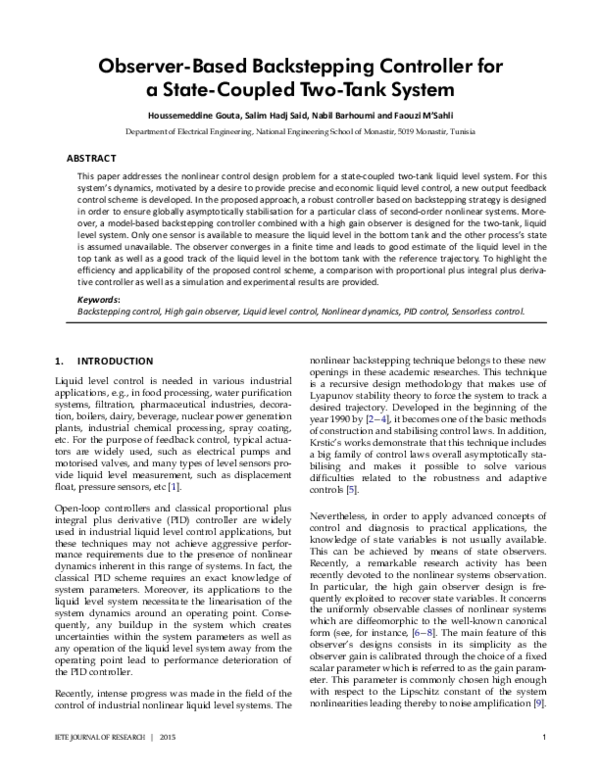 (PDF) Observer-Based Backstepping Controller for a State-Coupled Two-Tank System