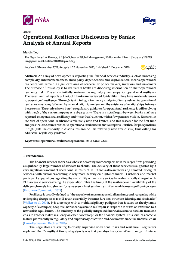 (PDF) Operational Resilience Disclosures by Banks: Analysis of Annual ...