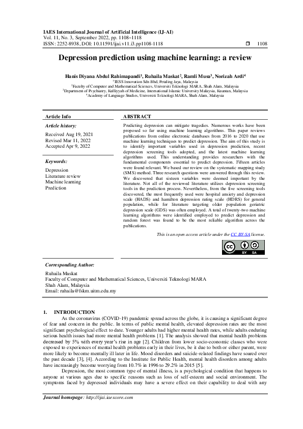 Pdf Depression Prediction Using Machine Learning A Review 