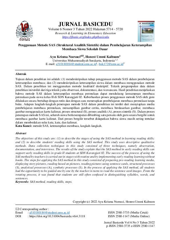 (PDF) Penggunaan Metode SAS (Struktural Analitik Sintetik) dalam ...