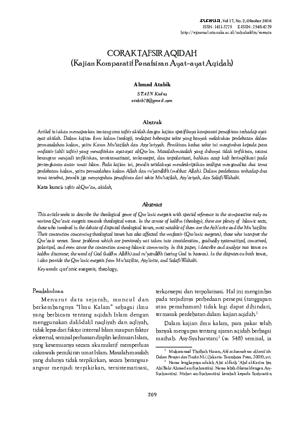 (PDF) CORAK TAFSIR AQIDAH (Kajian Komparatif Penafsiran Ayat-ayat Aqidah)