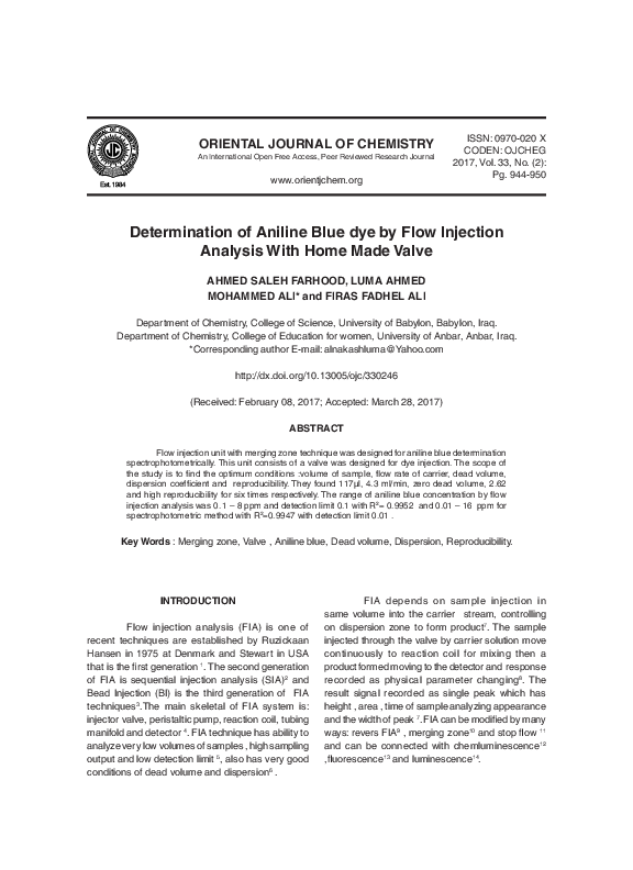 Pdf Determination Of Aniline Blue Dye By Flow Injection Analysis With Home Made Valve