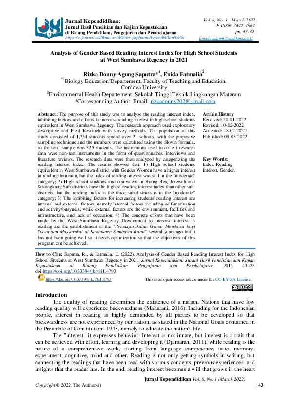 (PDF) Analysis of Gender Based Reading Interest Index for High School ...
