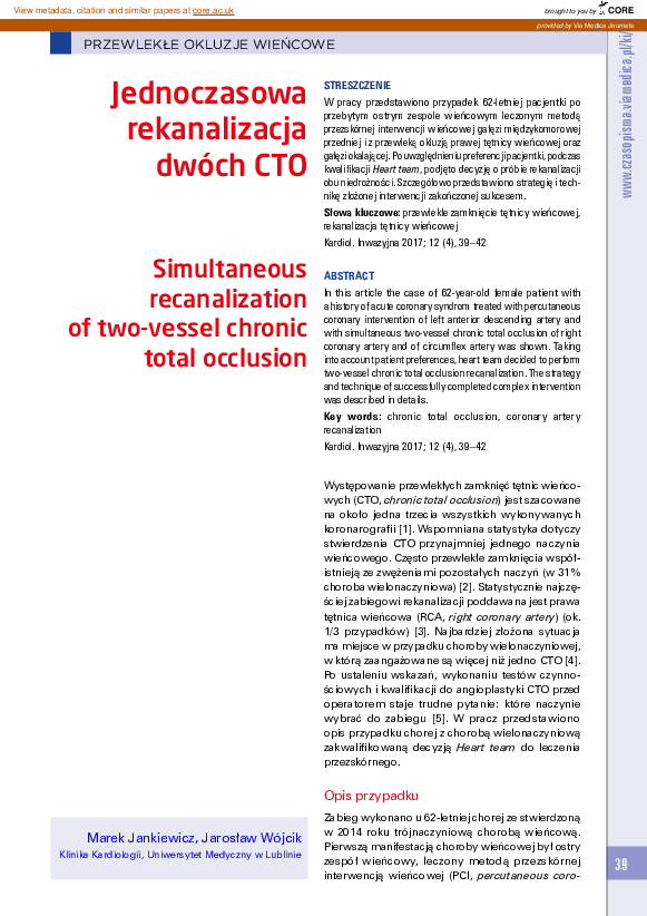 (PDF) Jednoczasowa rekanalizacja dwóch CTO | Marek Jankiewicz ...