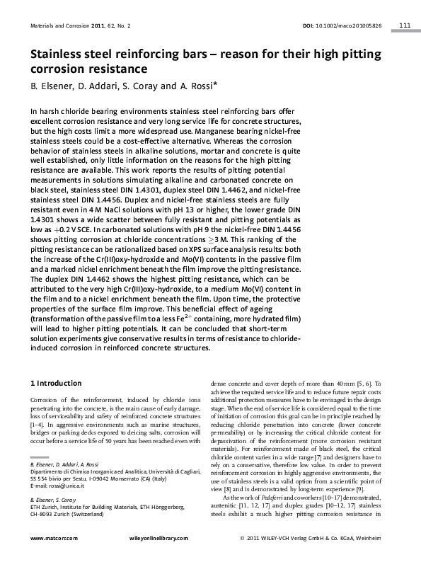 (PDF) Stainless steel reinforcing bars - reason for their high pitting ...