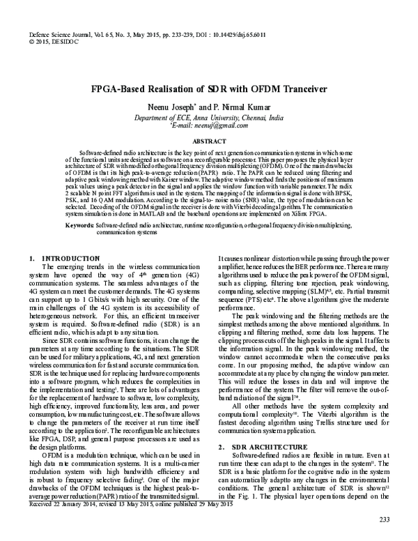 Pdf Fpga Based Realisation Of Sdr With Ofdm Tranceiver Neenu Joseph