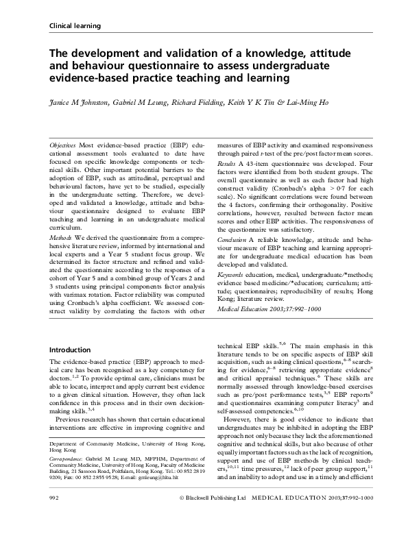 Pdf Development Of A Questionnaire For Ebp In Undergraduate Education