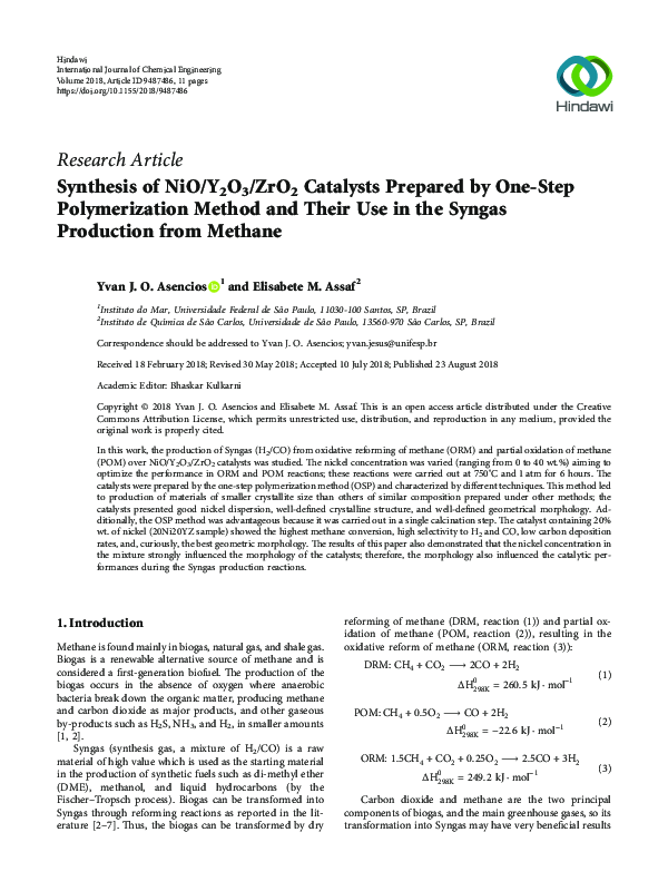 (PDF) Synthesis of NiO/Y2O3/ZrO2 Catalysts Prepared by One-Step Polymerization Method and Their ...