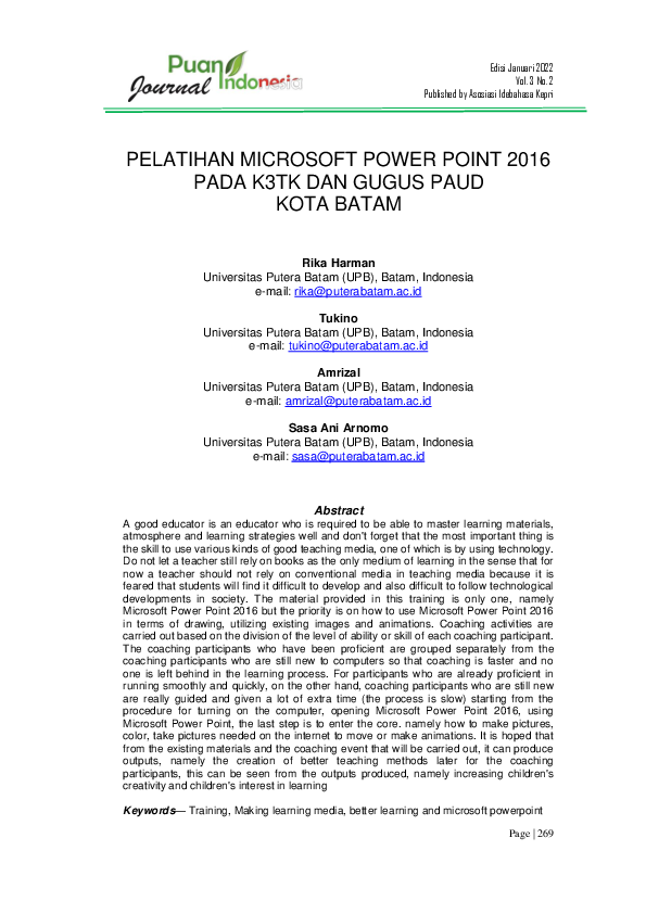 (PDF) Pelatihan Microsoft Office 2010 Pada K3TK Dan Gugus Paud Naga DI Kota Batam