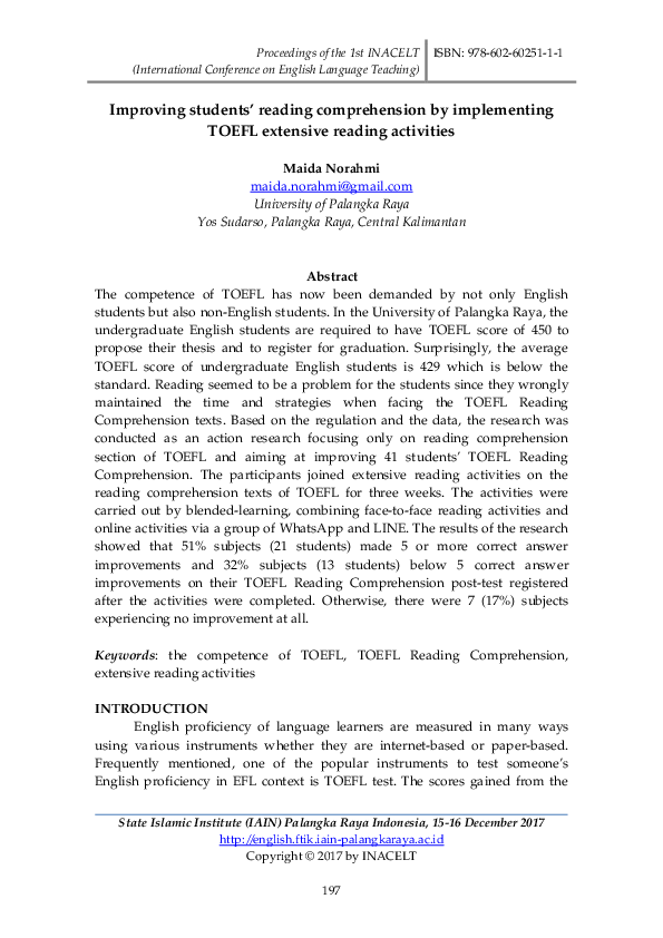 (PDF) Improving students’ reading comprehension by implementing TOEFL extensive reading activities