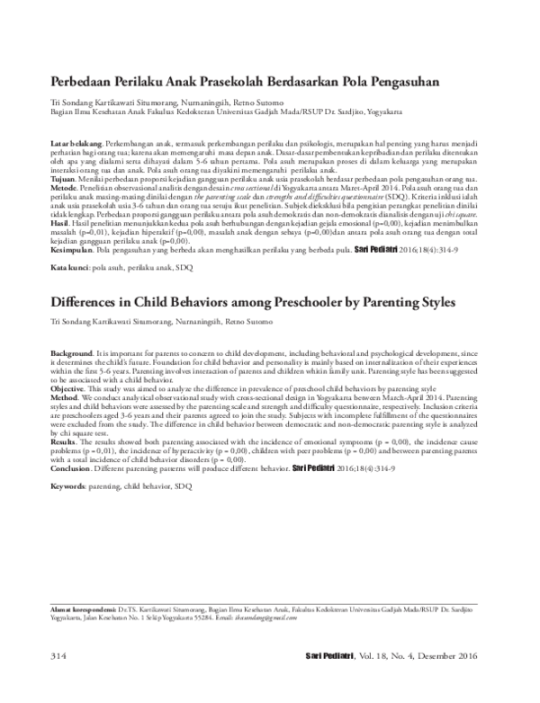 (PDF) Perbedaan Perilaku Anak Prasekolah Berdasarkan Pola Pengasuhan