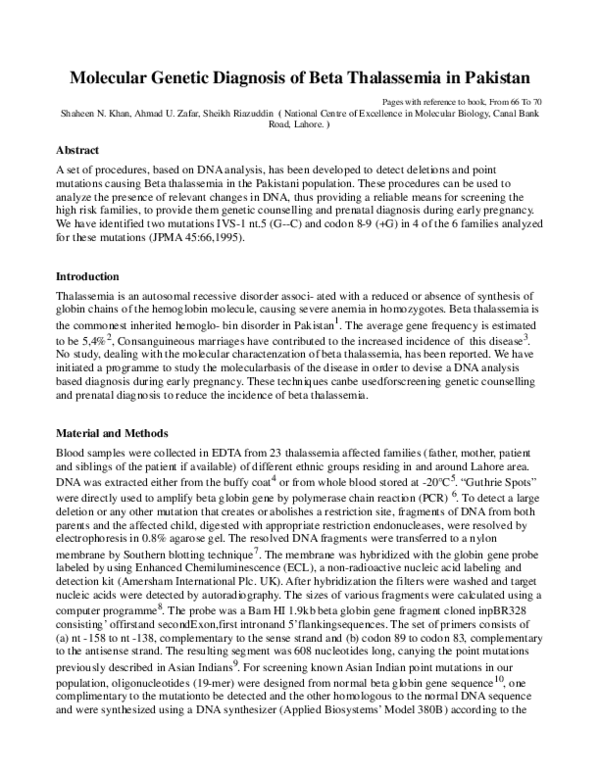 (PDF) Molecular genetic diagnosis of beta thalassemia in Pakistan