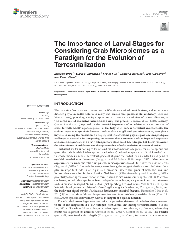(PDF) The Importance of Larval Stages for Considering Crab Microbiomes as a Paradigm for the ...