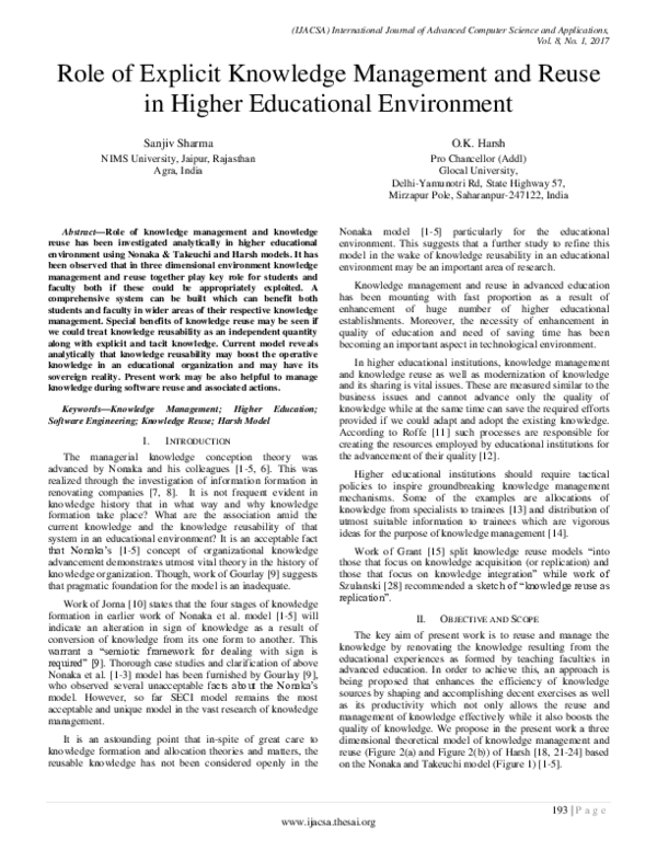 (PDF) Role of Explicit Knowledge Management and Reuse in Higher Educational Environment