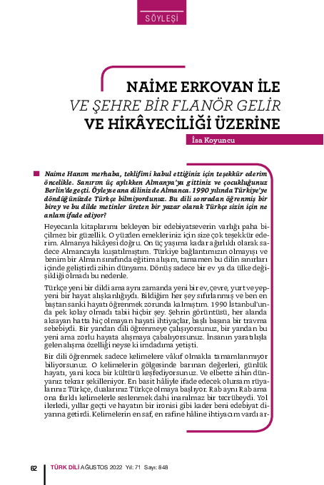 (PDF) NAİME ERKOVAN İLE VE ŞEHRE BİR FLANÖR GELİR VE HİKÂYECİLİĞİ ÜZERİNE