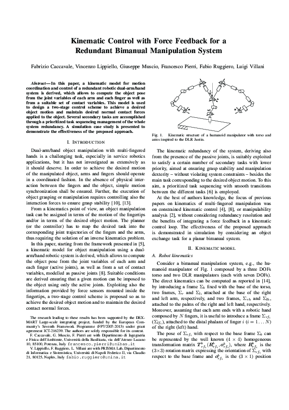(PDF) Kinematic control with force feedback for a redundant bimanual manipulation system ...