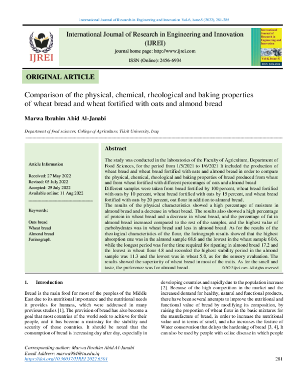 (PDF) Comparison of the physical, chemical, rheological and baking properties of wheat bread and ...
