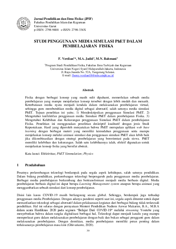 (PDF) Studi Penggunaan Media Simulasi PhET dalam Pembelajaran Fisika