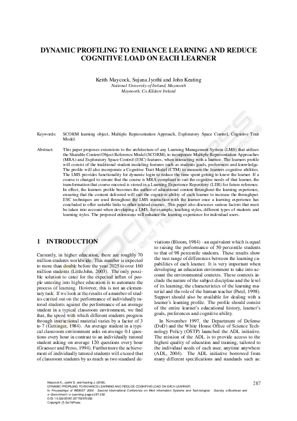 (PDF) Dynamic Profiling to Enhance Learning and Reduce Cognitive Load on Each Learner