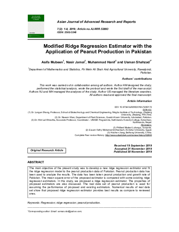 Pdf Modified Ridge Regression Estimator With The Application Of
