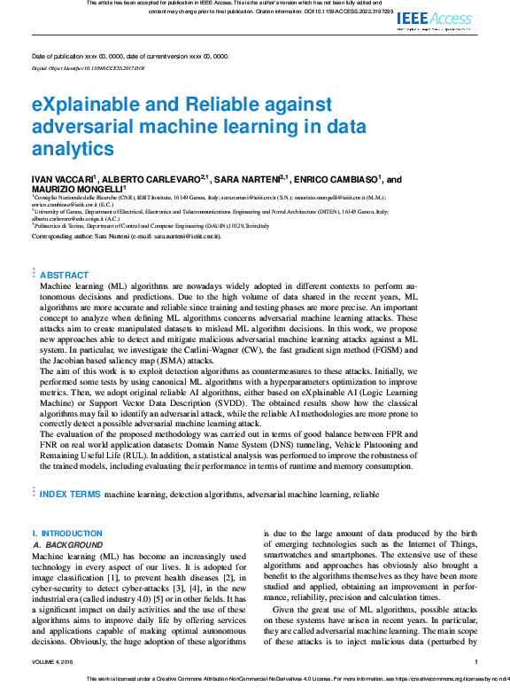 (PDF) eXplainable and Reliable against adversarial machine learning in data analytics | Alberto ...