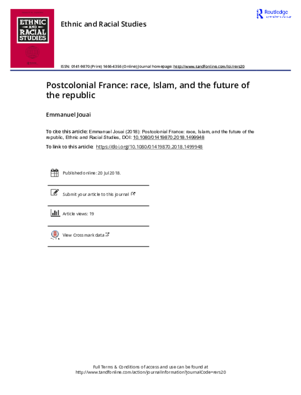 (PDF) Postcolonial France: race, Islam, and the future of the republic