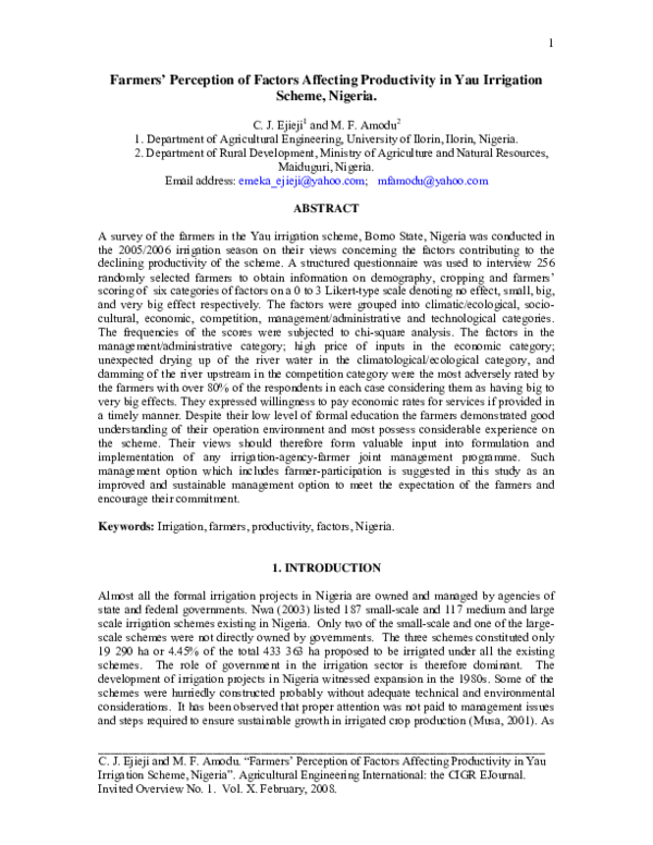 (PDF) Farmers' Perception of Factors Affecting Productivity in Yau Irrigation Scheme, Nigeria