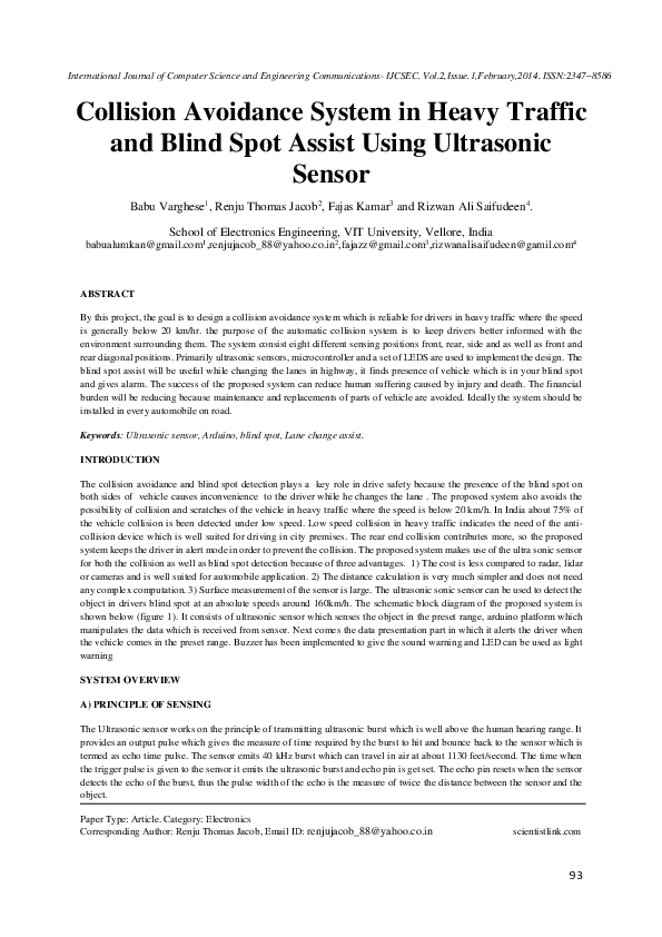 (PDF) Collision Avoidance System in Heavy Traffic and Blind Spot Assist Using Ultrasonic Sensor