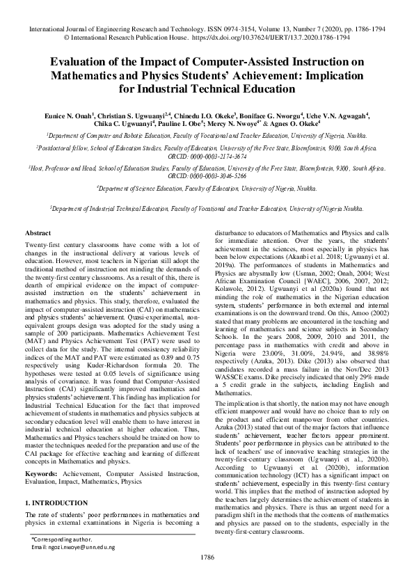 (PDF) Evaluation of the Impact of Computer-Assisted Instruction on Mathematics and Physics ...