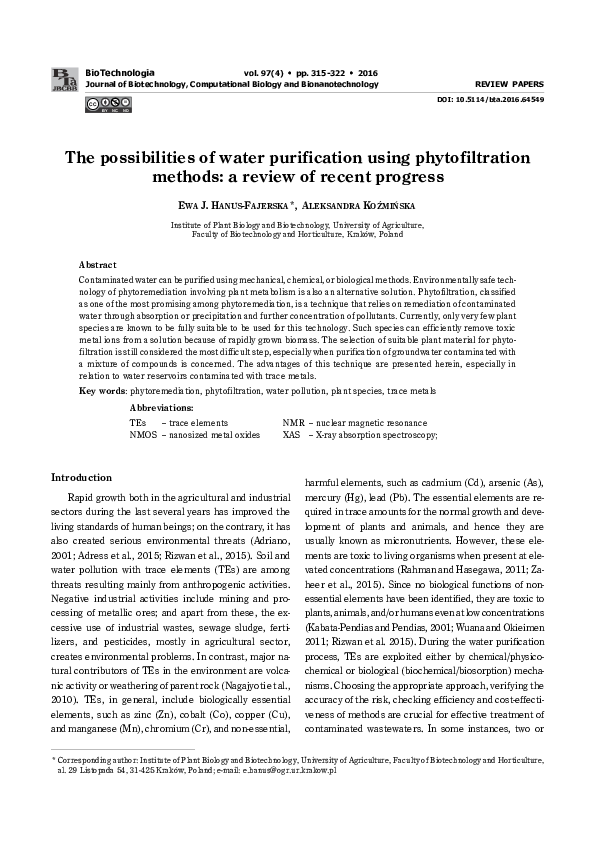 (PDF) The possibilities of water purification using phytofiltration ...