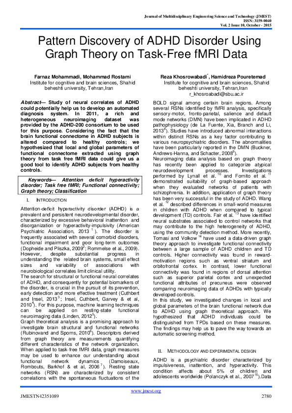 Pdf Pattern Discovery Of Adhd Disorder Using Graph Theory On Task Free Fmri Data Farnaz