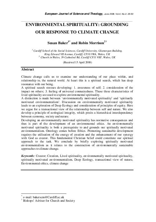 (PDF) Environmental Spirituality: Grounding Our Response to Climate Change