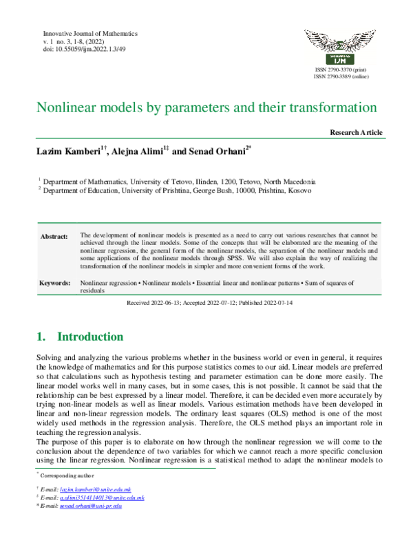 (PDF) Nonlinear Models by Parameters and their Transformation