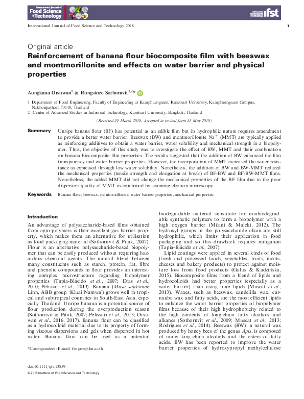 (PDF) Reinforcement of banana flour biocomposite film with beeswax and ...