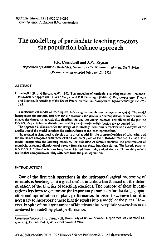 (PDF) The modelling of particulate leaching reactors— the population balance approach | Frank ...