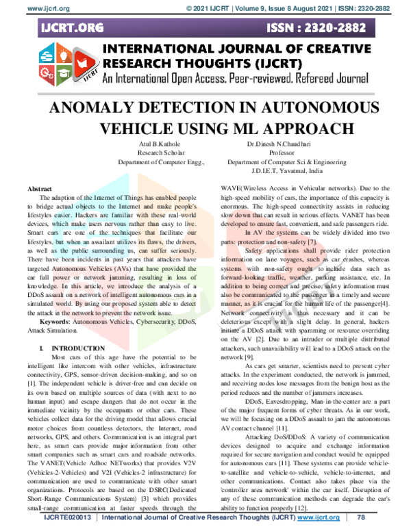 (PDF) Anomaly Detection in Autonomous Vehicle Using ML Approach