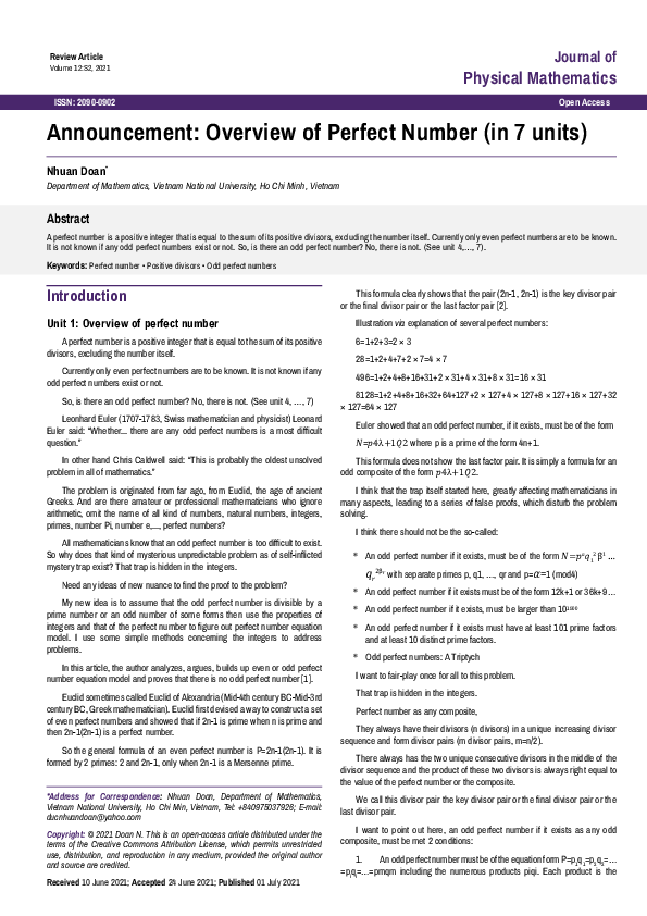 (PDF) Announcement-Overview of Perfect Number (in 7 units)