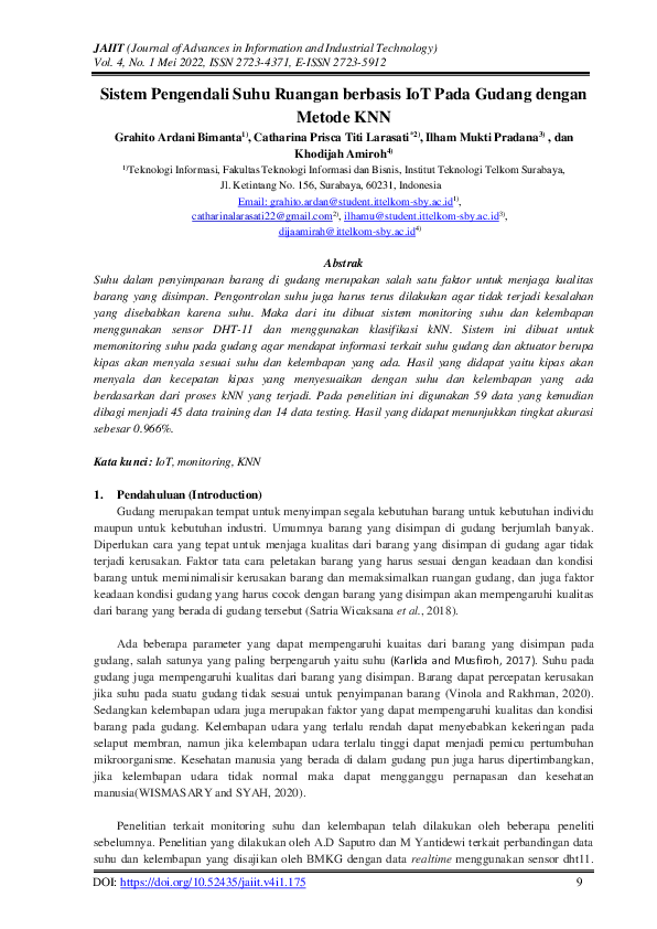 (PDF) Sistem Pengendalian Suhu Ruang Berbasis IoT Dengan Menggunakan Metode KNN