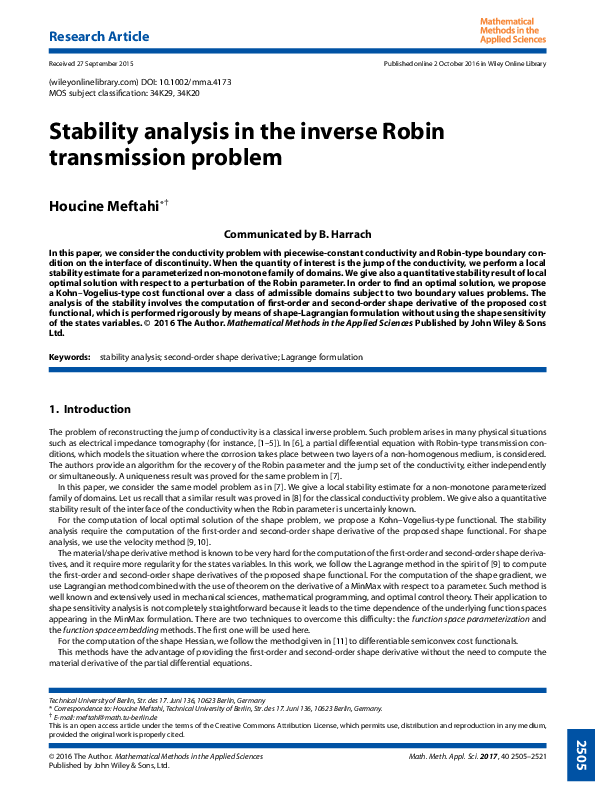 (PDF) Stability analysis in the inverse Robin transmission problem | Houcine Meftahi - Academia.edu